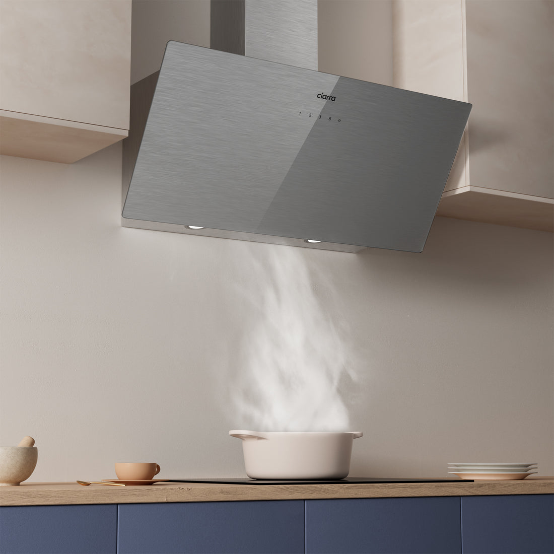 CIARRA 90cm Brushed Silver Glass Angled Cooker Hood With Touch Control ...