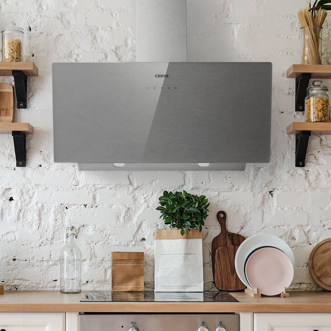 CIARRA 90cm Brushed Silver Glass Angled Cooker Hood With Touch Control ...